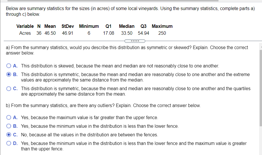 Solved Below are summary statistics for the sizes (in acres) | Chegg.com