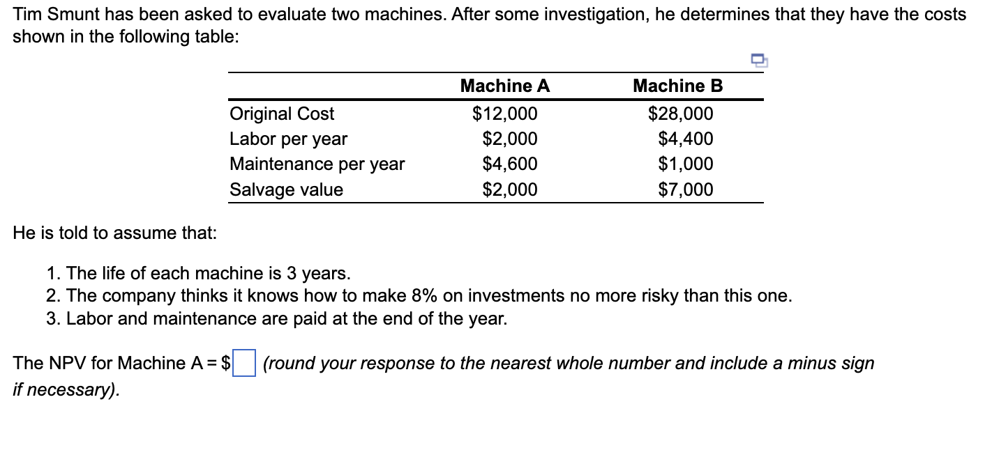 Solved Tim Smunt has been asked to evaluate two machines. | Chegg.com
