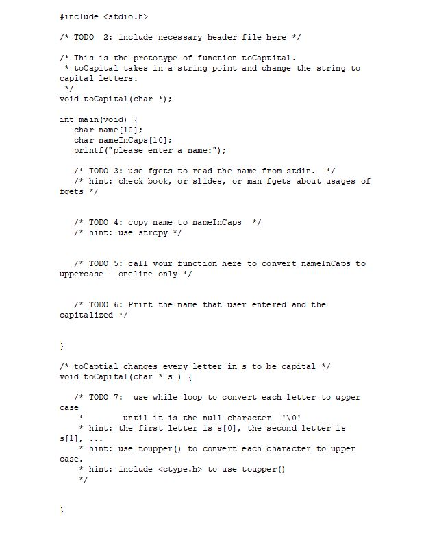 Solved Problems 1. (toCapital.c) Complete the seven TODO | Chegg.com