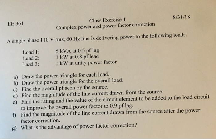 Solved 8/31/18 Class Exercise 1 Complex power and power | Chegg.com