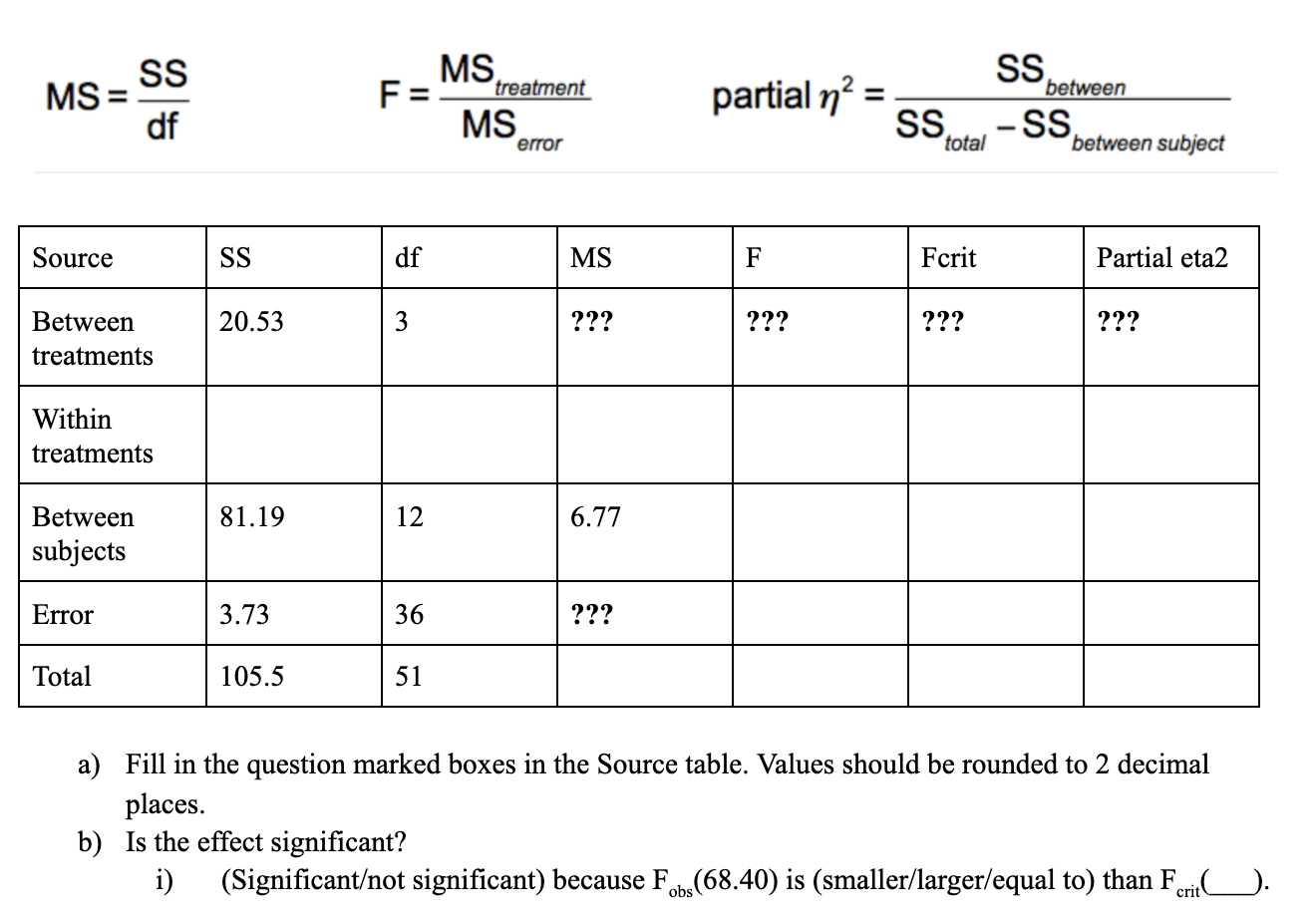 Solved SS MS = df MS. F= treatment MS error partial n? = SS | Chegg.com
