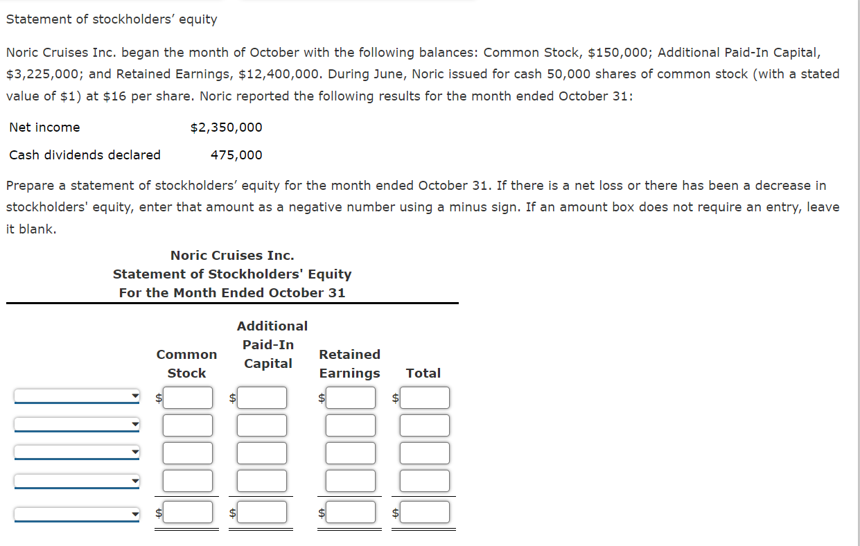 Solved Statement of stockholders' equityNoric Cruises Inc. | Chegg.com Solved Statement of stockholders' equityNoric Cruises Inc. | Chegg.com