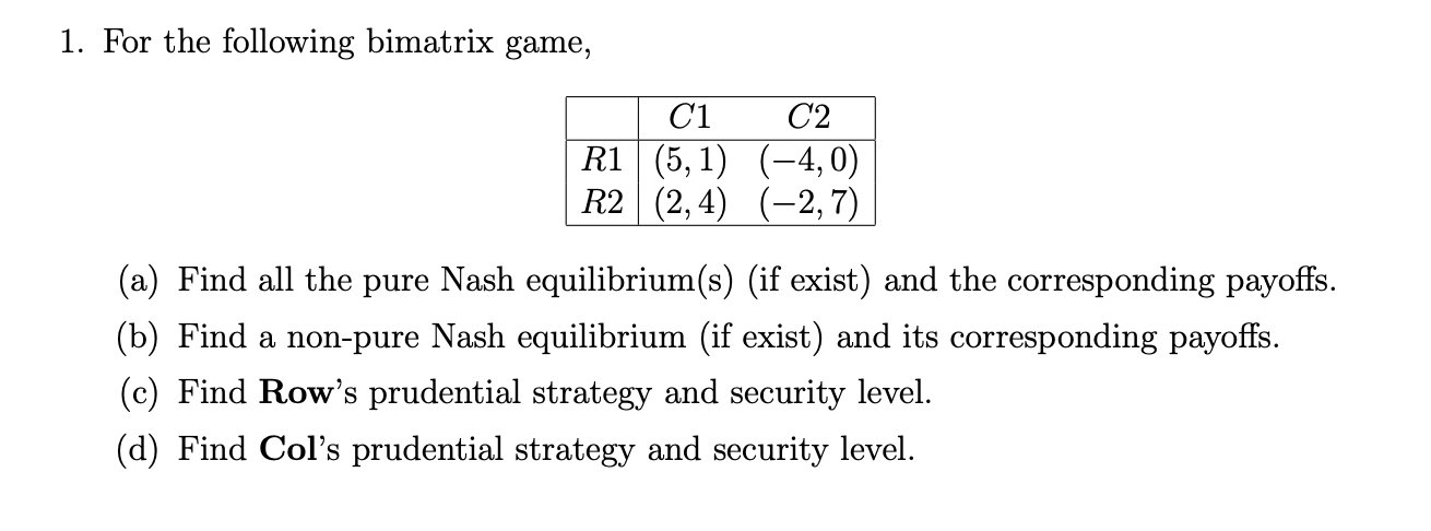 Solved 1. For the following bimatrix game, C1 C2 R1 (5,1) | Chegg.com