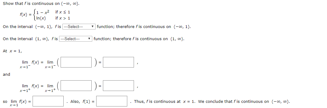 Solved Show that fis continuous on (-0, c.). ſi - x2 if x 51 | Chegg.com