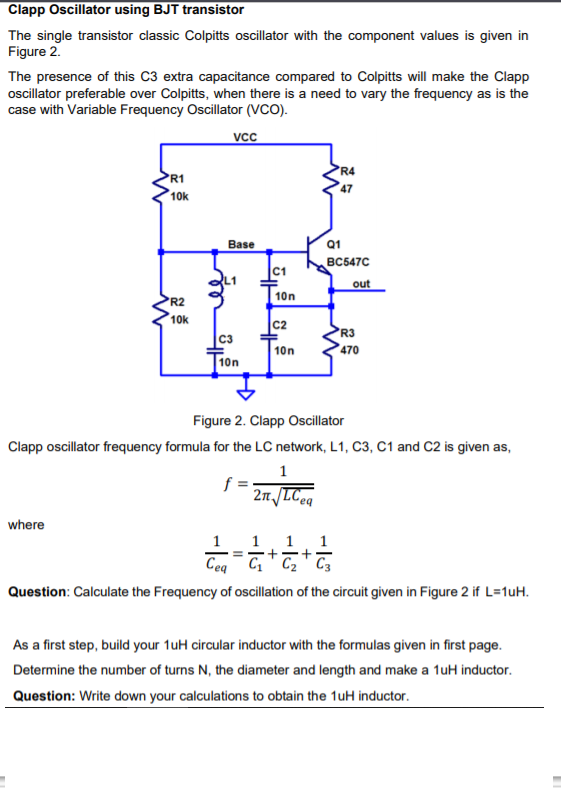 Solved Clapp Oscillator using BJT transistor The single | Chegg.com