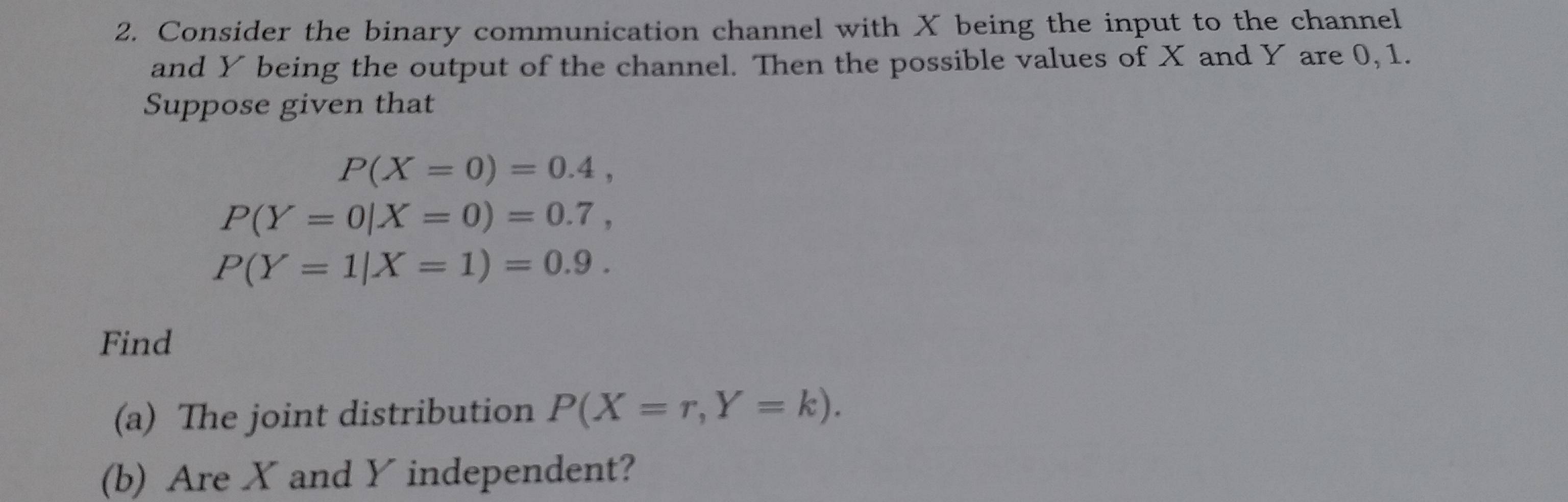 Solved 2. Consider the binary communication channel with X | Chegg.com
