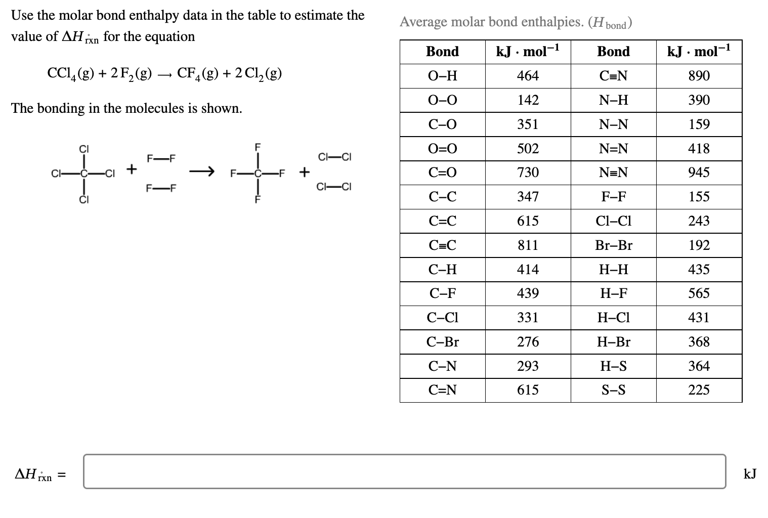Solved Use the molar bond enthalpy data in the table to | Chegg.com