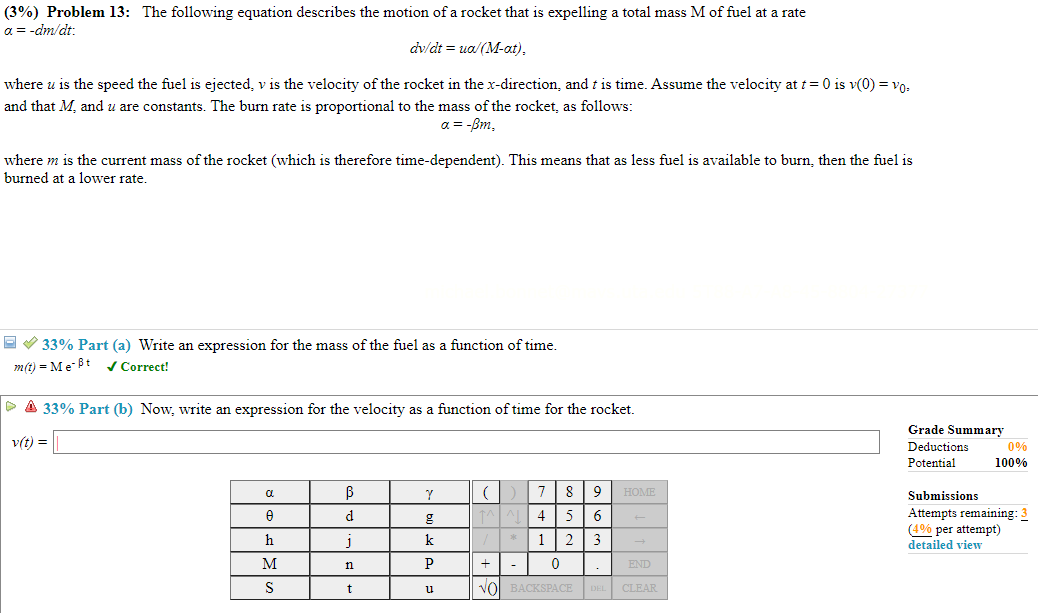 Solved > * 33% Part (c) A particular rocket burns fuel at | Chegg.com