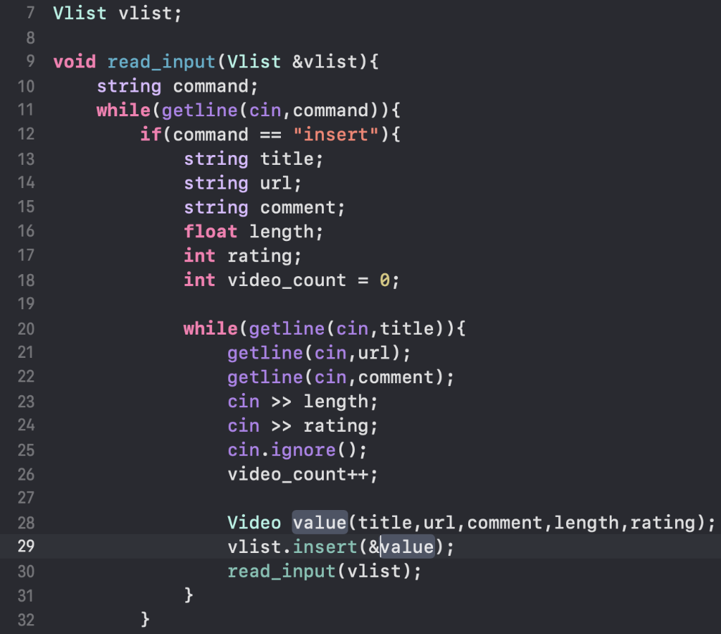 14 void Vlist::insert(Video *video) 15 { 16 //insert | Chegg.com