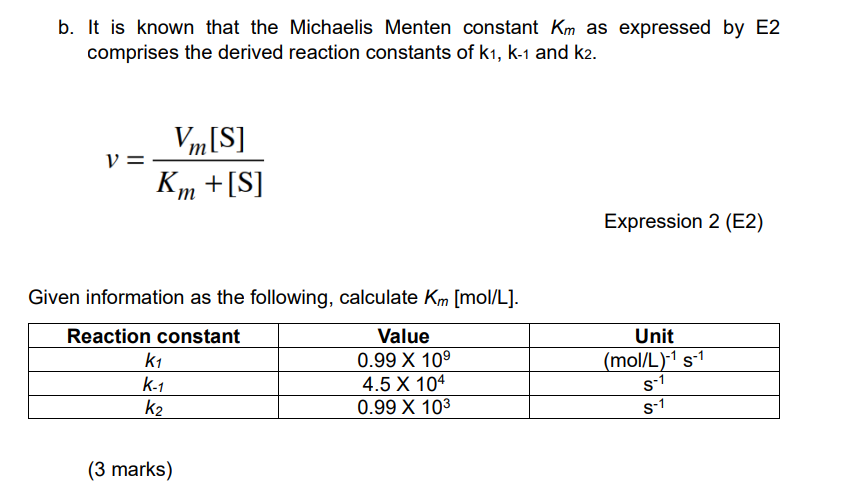 Solved b. It is known that the Michaelis Menten constant Km | Chegg.com