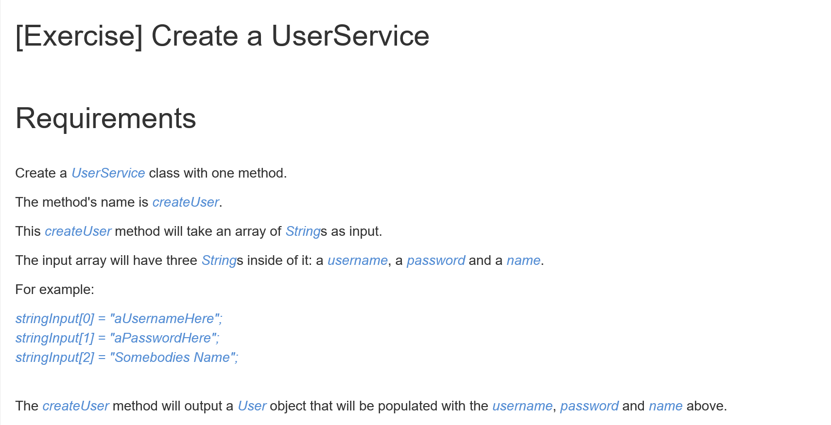 Solved [Exercise) Create a User Service Requirements Create | Chegg.com