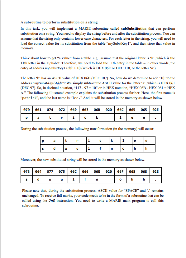 Solved 2.3 A MARIE Subroutine to Substitute Characters of | Chegg.com