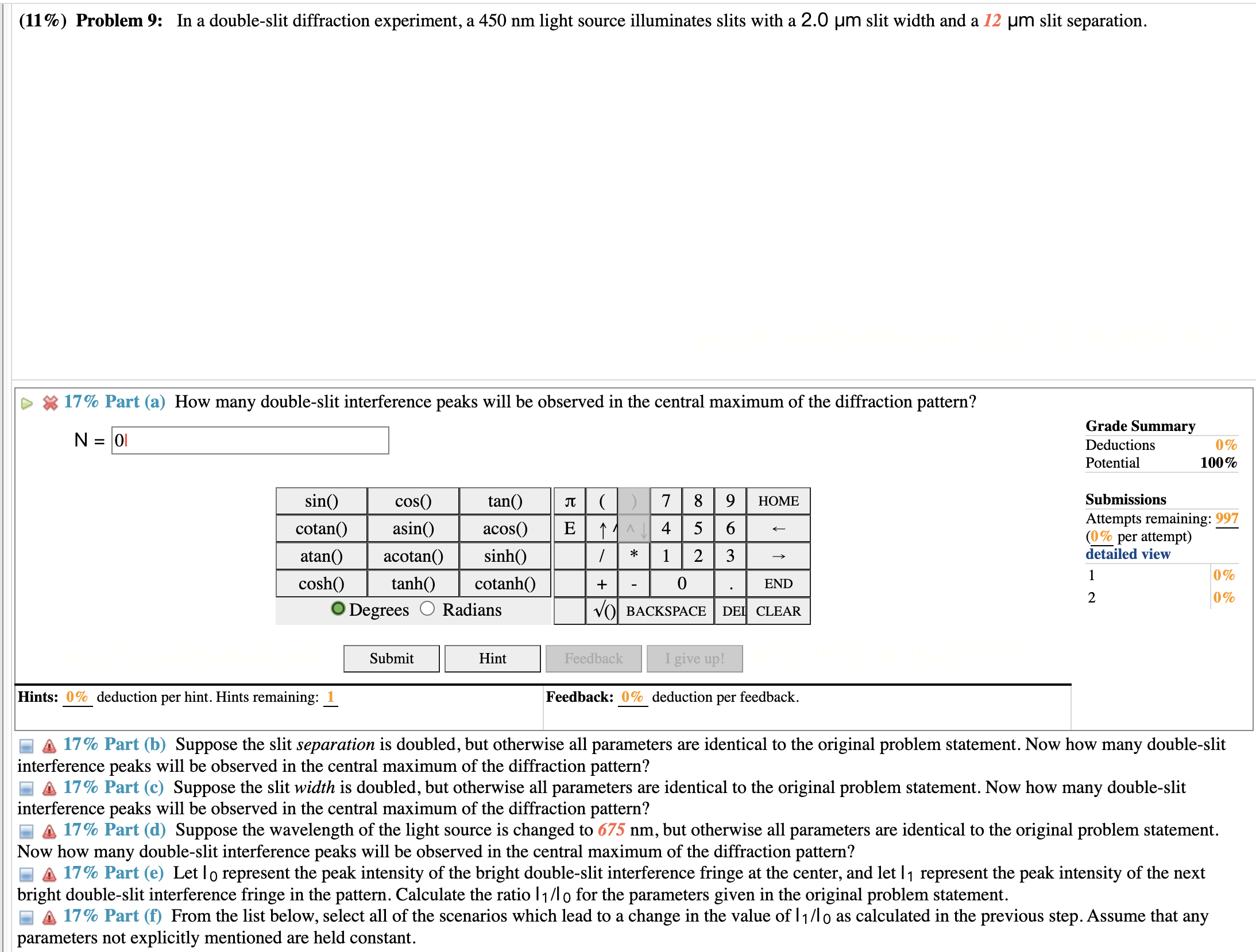 Solved In a double-slit diffraction experiment, a 450 nm | Chegg.com