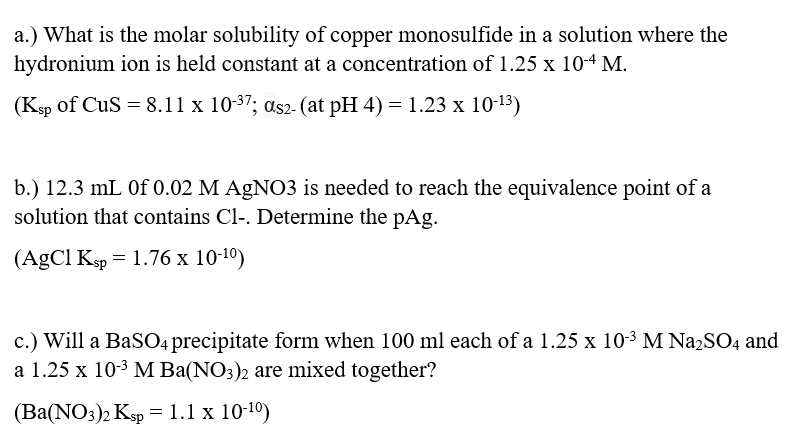 Solved a.) What is the molar solubility of copper | Chegg.com