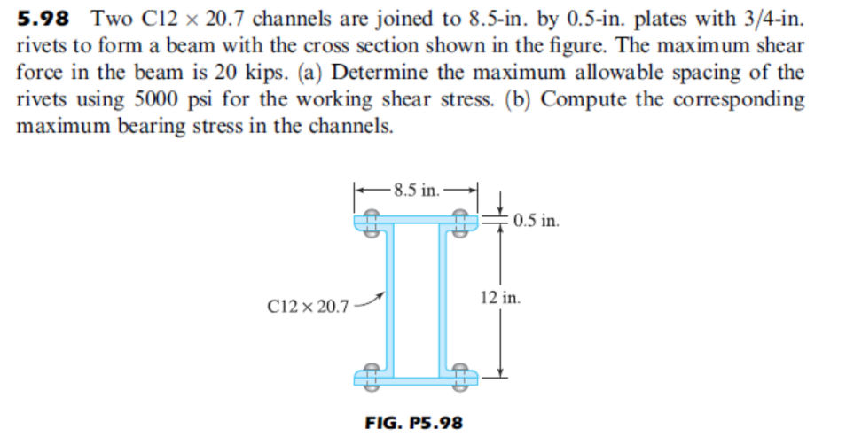Solved 5.98 Two C12 x 20.7 channels are joined to 8.5-in. by | Chegg.com