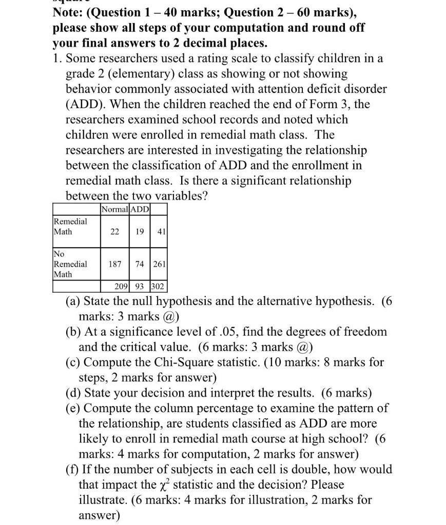 Solved Note: (Question 1 – 40 marks; Question 2 – 60 marks), | Chegg.com