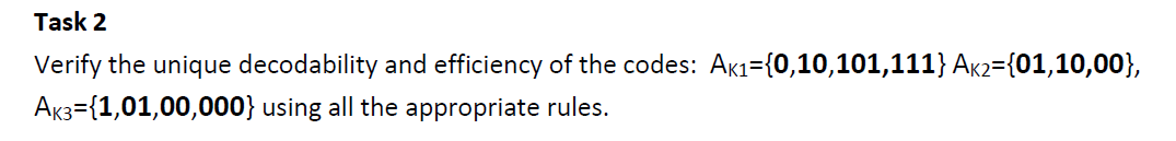 Solved Task 2 Verify the unique decodability and efficiency | Chegg.com