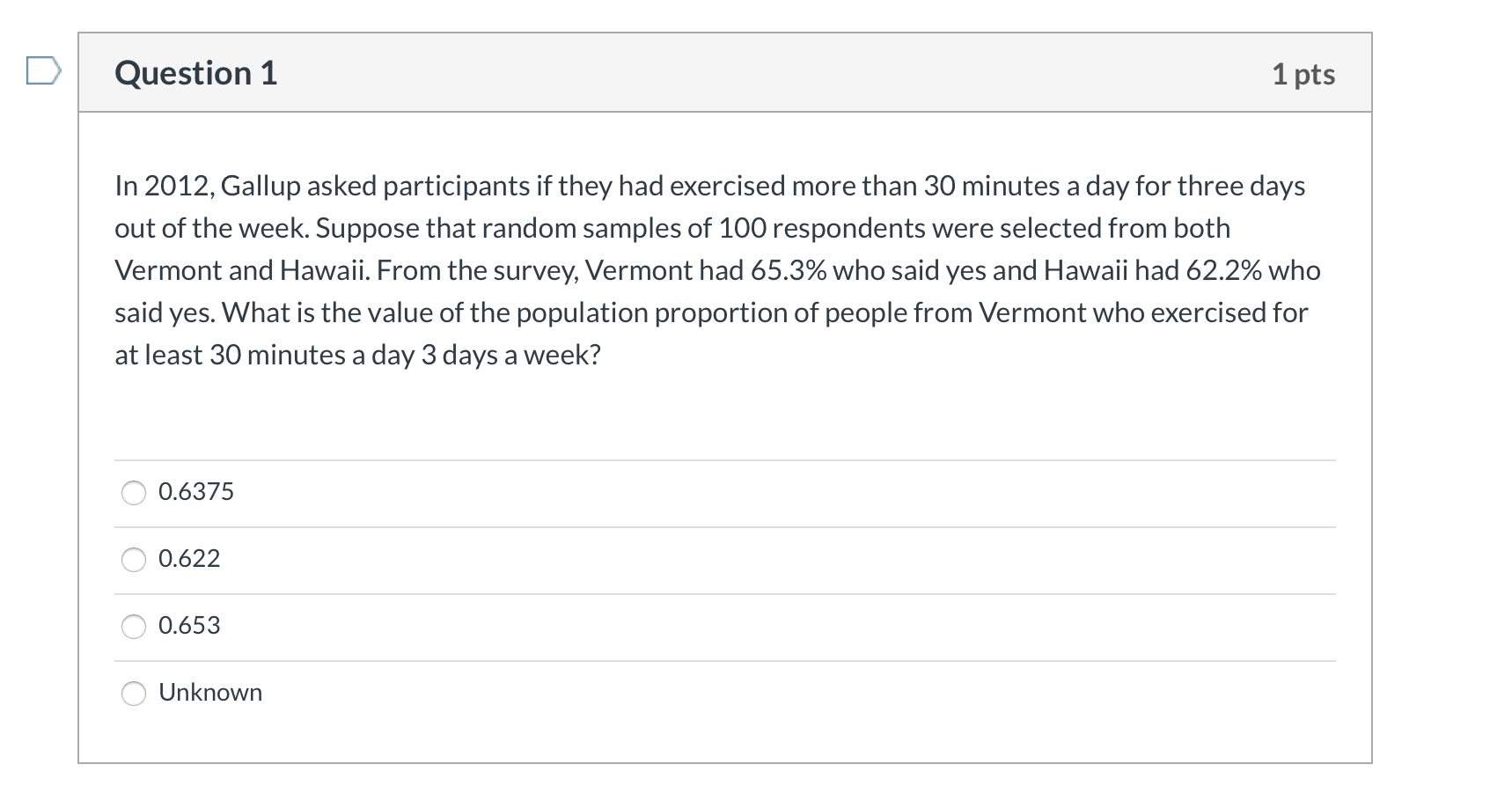 Solved Question 1 1 pts In 2012, Gallup asked participants | Chegg.com Solved Question 1 1 pts In 2012, Gallup asked participants | Chegg.com