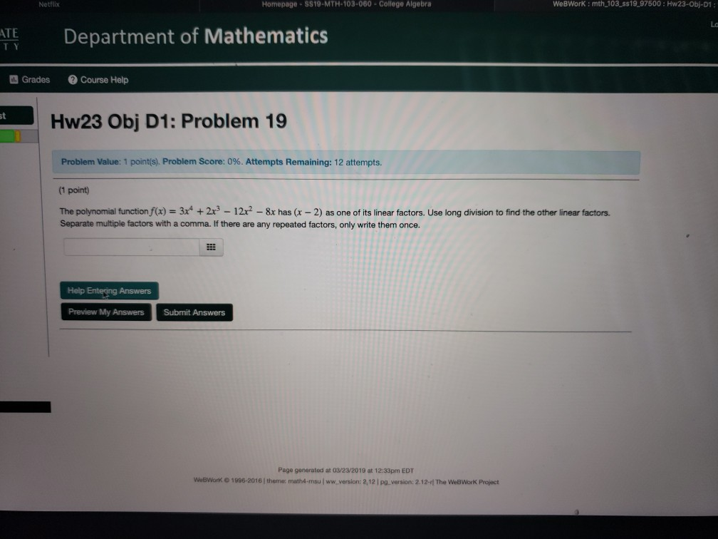 Solved Netflix Homepage- S$19-MTH-103-060-College Algebra | Chegg.com