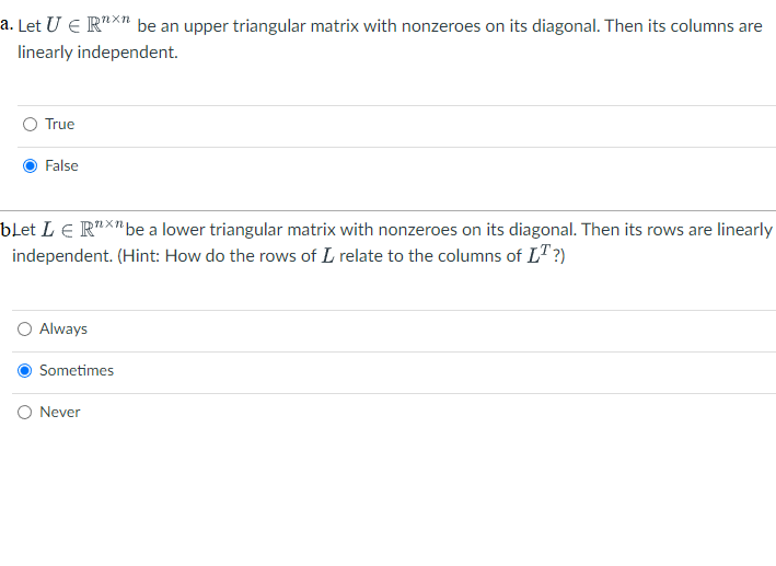 Solved a. Let U∈Rn×n be an upper triangular matrix with | Chegg.com