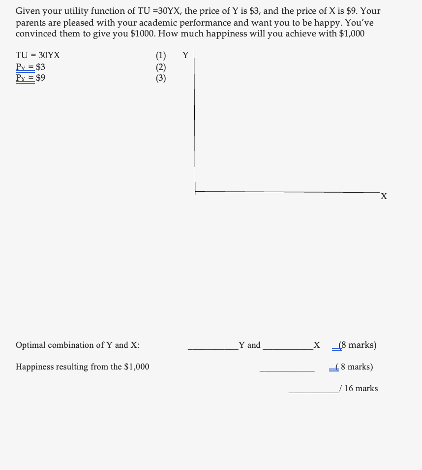 Solved Given your utility function of TU=30YX, the price of | Chegg.com