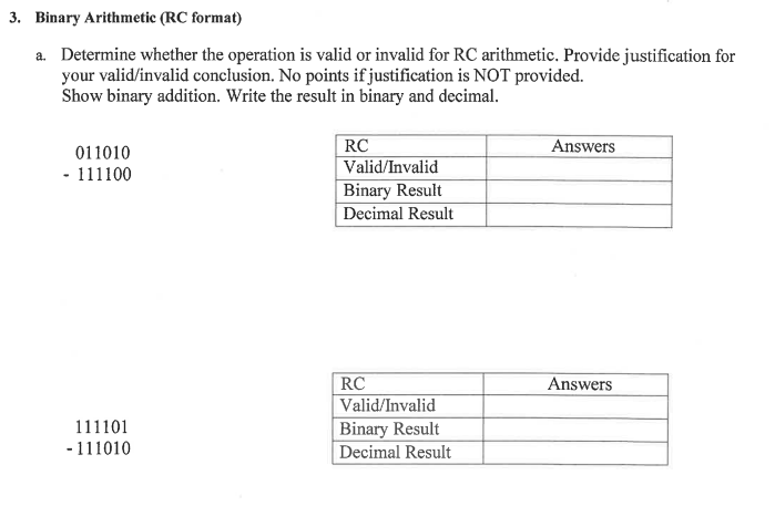 3. Binary Arithmetic (RC format) a. Determine whether | Chegg.com