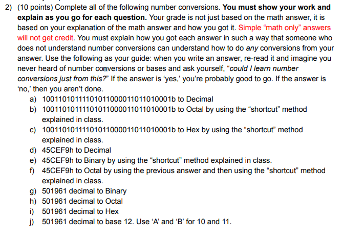 Solved 2) (10 points) Complete all of the following number | Chegg.com