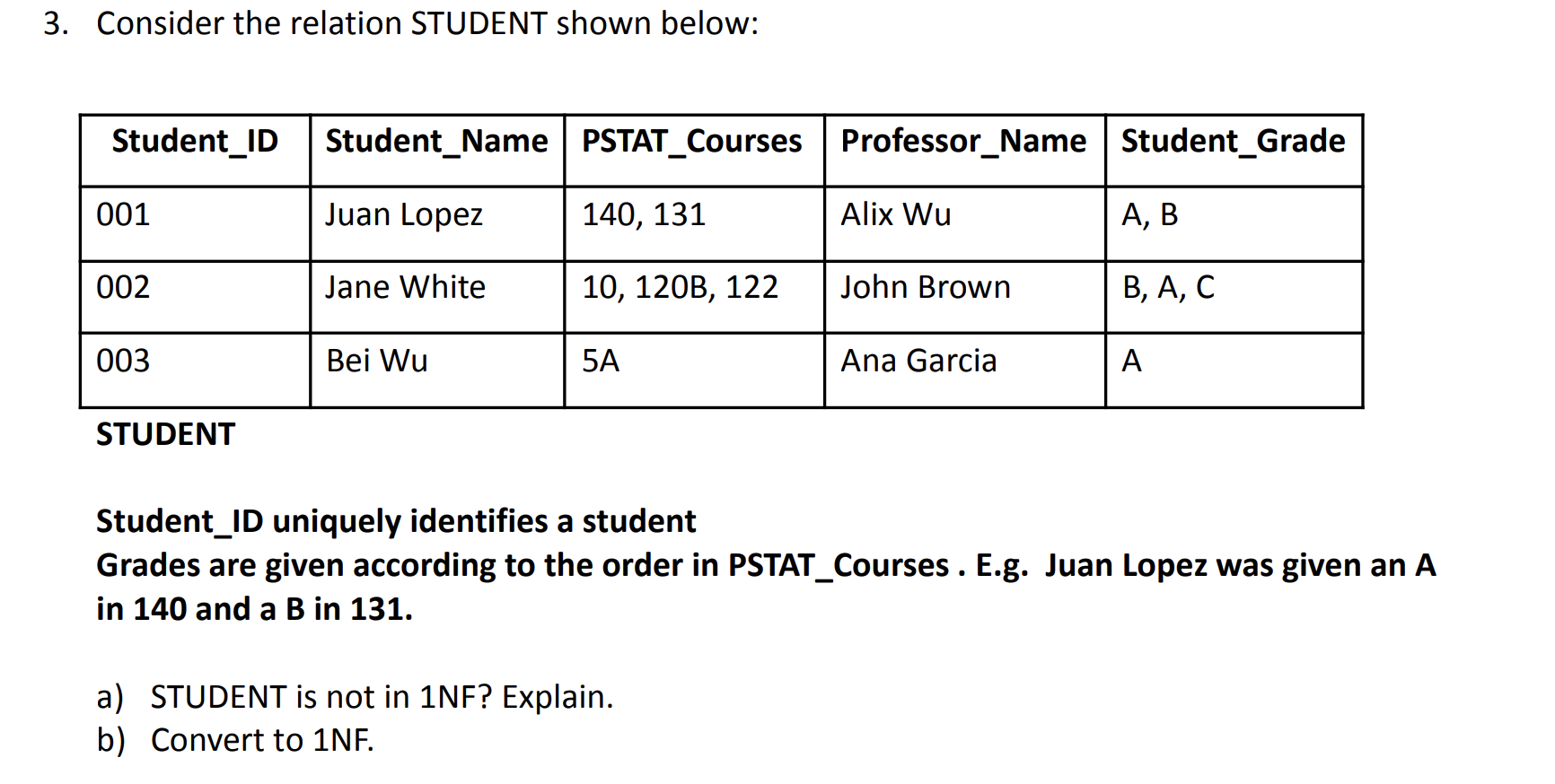 Solved 3. Consider the relation STUDENT shown below: | Chegg.com
