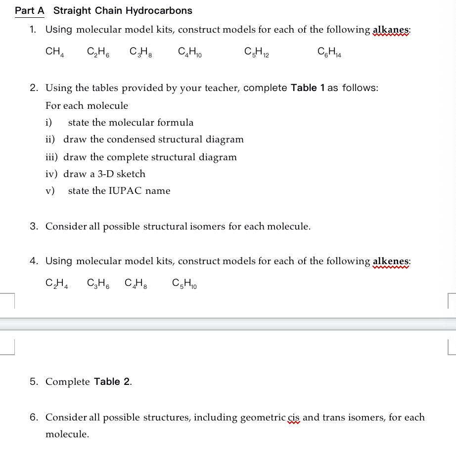 Solved Part A Straight Chain Hydrocarbons 1. Using molecular | Chegg.com