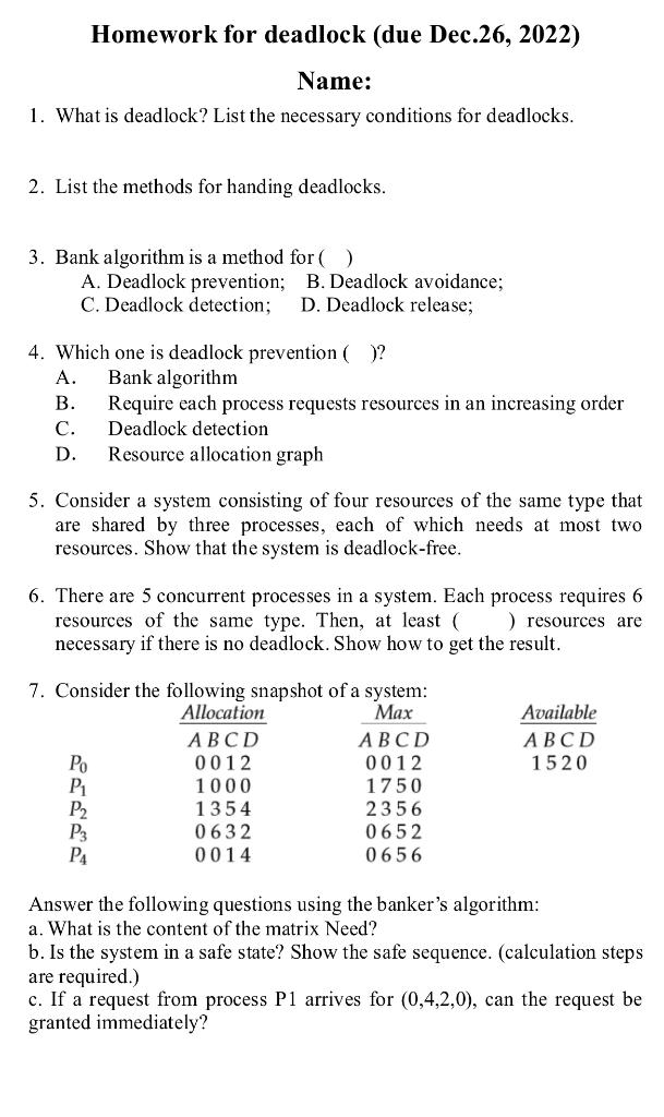 Solved Homework for deadlock (due Dec.26, 2022) Name: 1. | Chegg.com