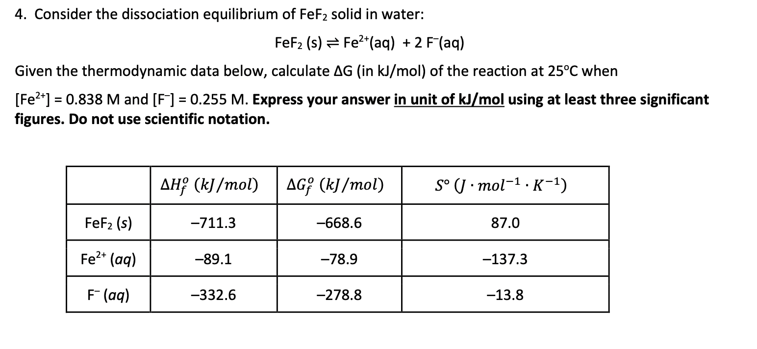 Solved 4. Consider the dissociation equilibrium of FeF2 | Chegg.com