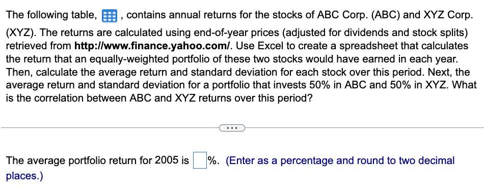 The following table, , contains annual returns for | Chegg.com