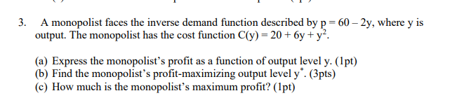 Solved 3. A monopolist faces the inverse demand function | Chegg.com