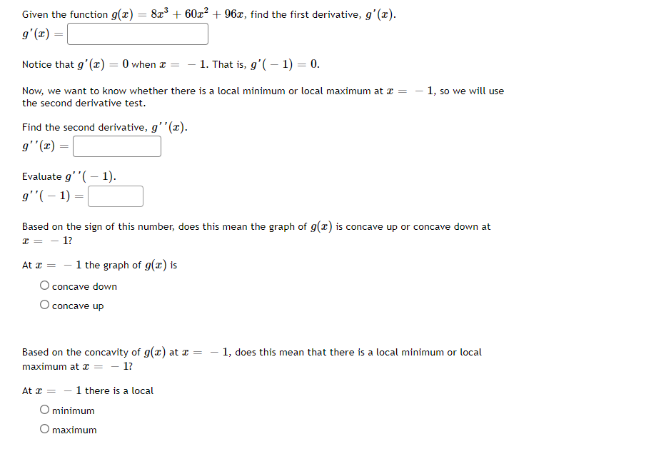 Solved Given the function g(x) = 80% +60x² + 96x, find the | Chegg.com