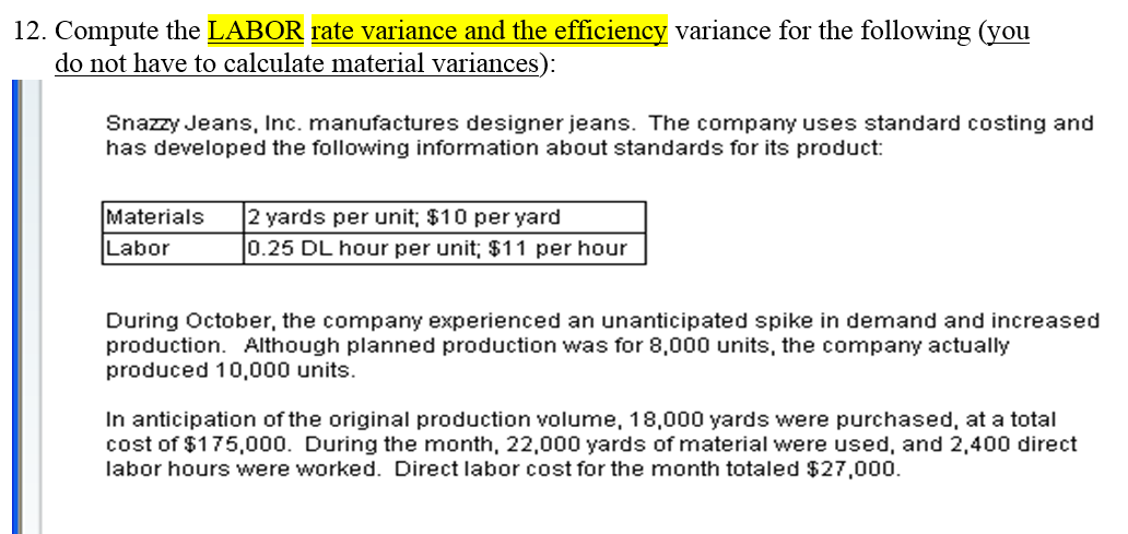Solved 12. Compute the LABOR rate variance and the | Chegg.com