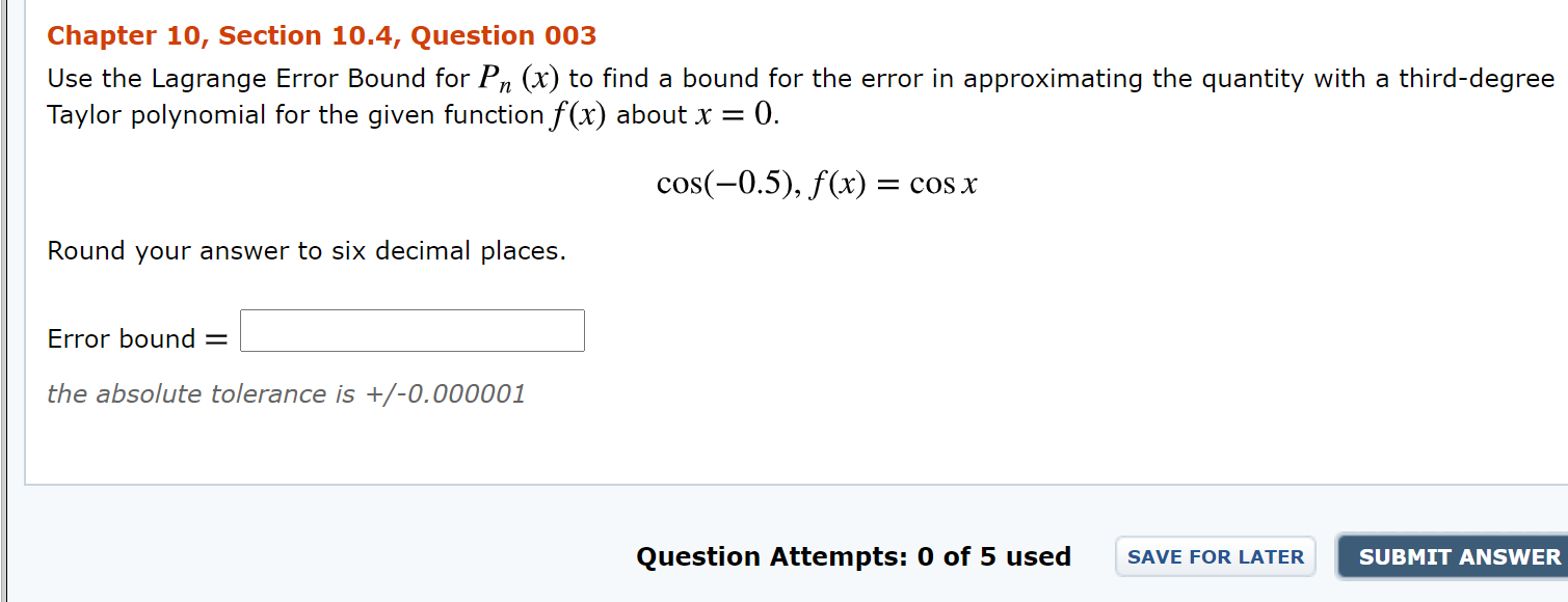 Solved Use the Lagrange Error Bound for Pn(x) to find a | Chegg.com