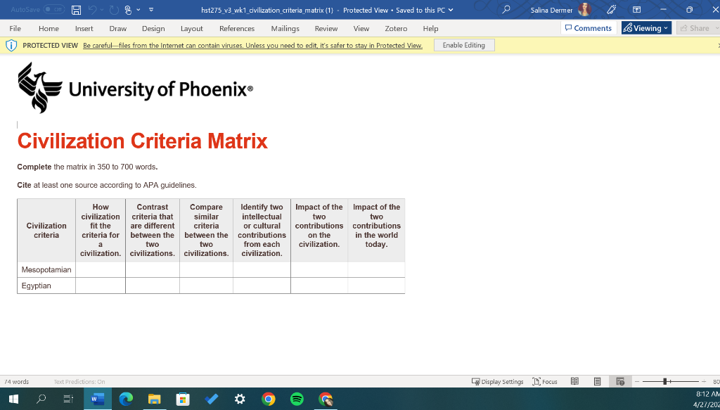 Civilization Criteria Matrix Complete the matrix in | Chegg.com