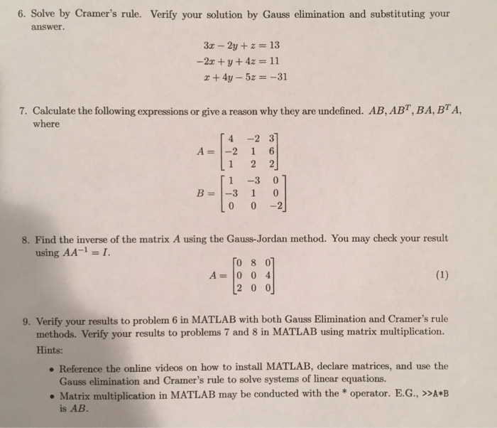 Solved Verify your results to problem 6 in MATLAB with both | Chegg.com