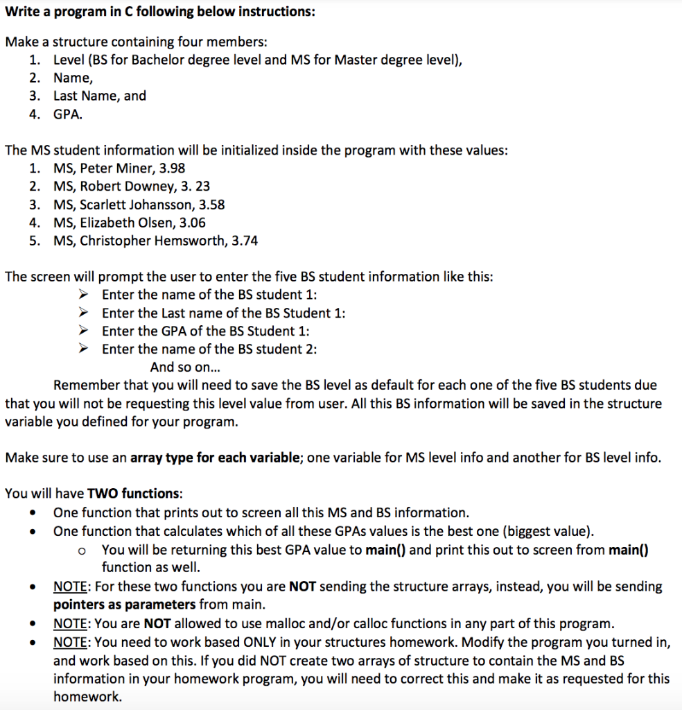 Solved Write a program in C following below instructions: | Chegg.com