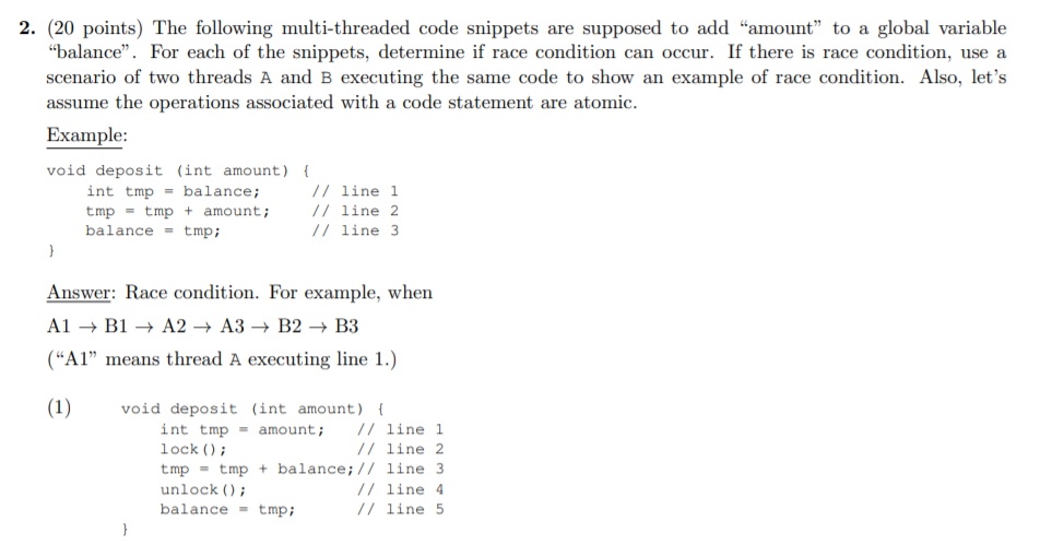 Solved 2. (20 points) The following multi-threaded code | Chegg.com