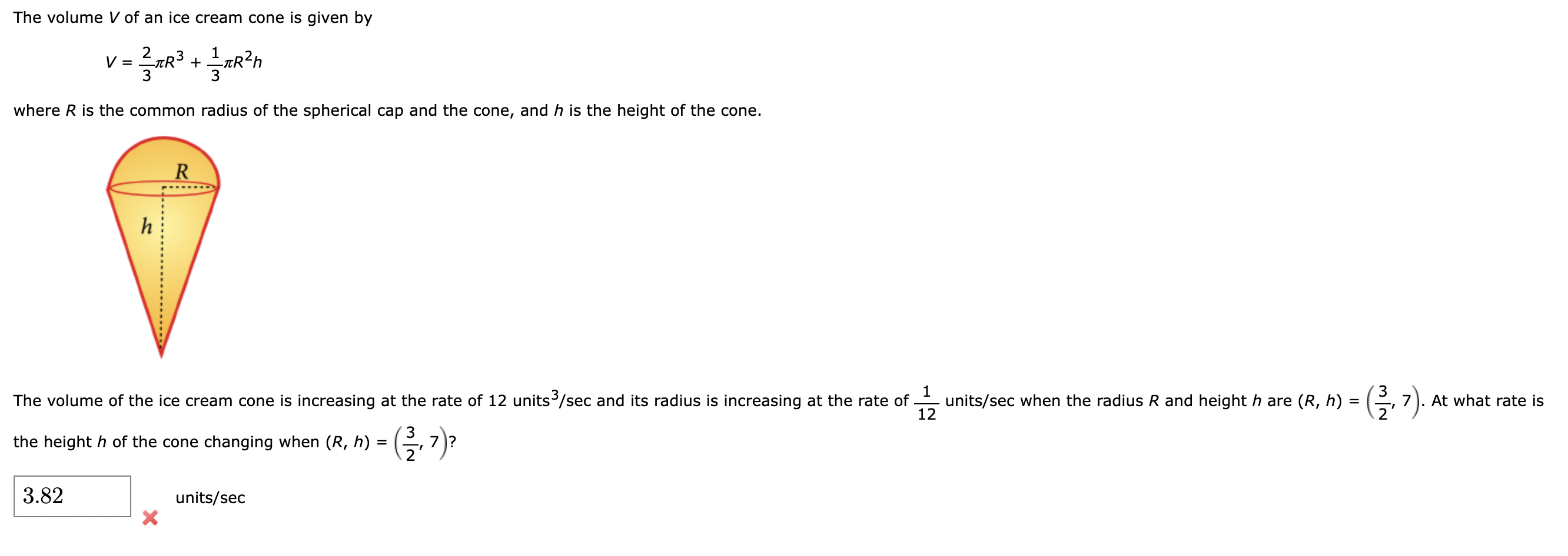 Solved The volume V of an ice cream cone is given by 2 V = | Chegg.com