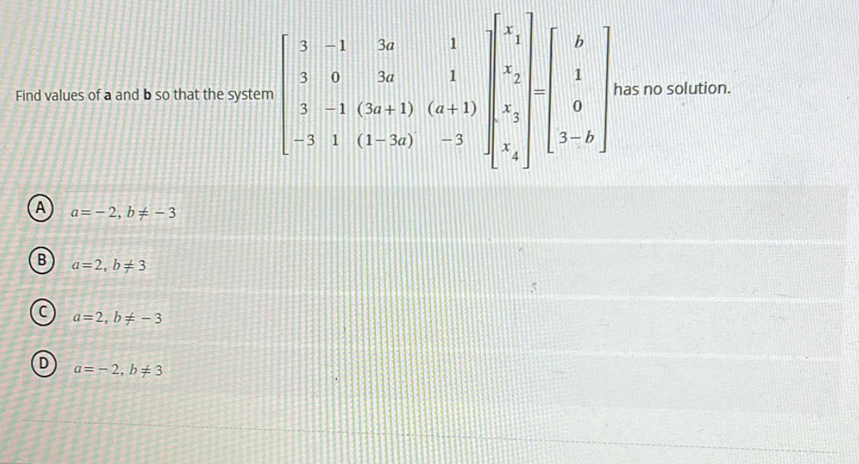 Solved Find values of a and b so that the system has no | Chegg.com