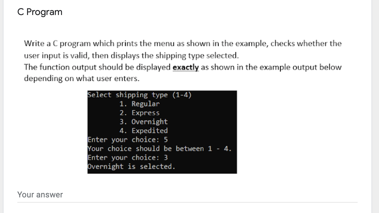 Solved C Program Write a C program which prints the menu as | Chegg.com