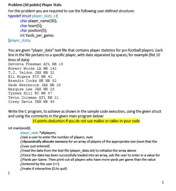 Problem (30 points) Player Stats For this problem you | Chegg.com