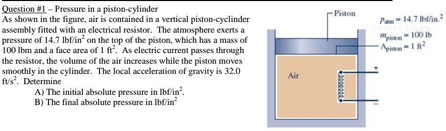 Solved Question #1-Pressure in a piston-cylinder As shown in | Chegg.com