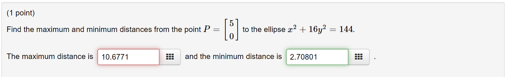Solved (1 point) Find the maximum and minimum distances from | Chegg.com