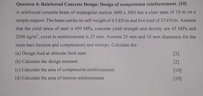 Question 4: Reinforced Concrete Design: Design of | Chegg.com