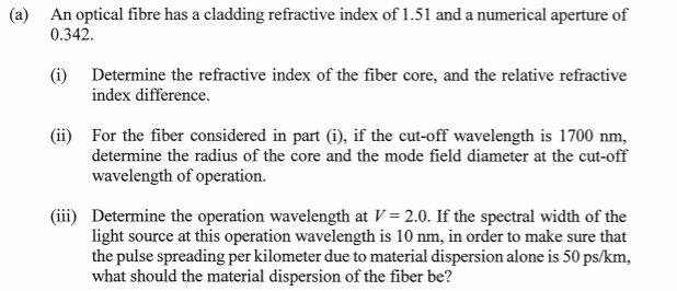 Solved (a) An optical fibre has a cladding refractive index | Chegg.com