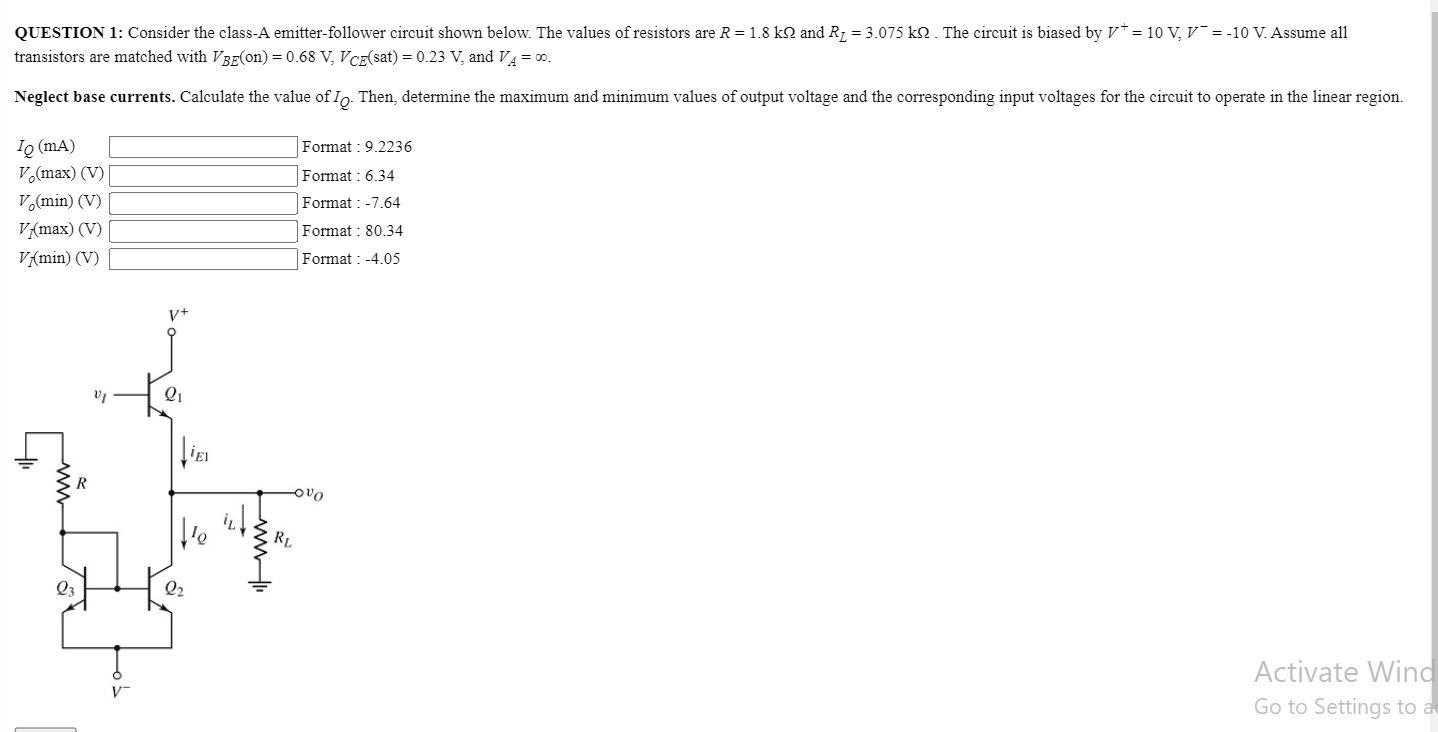 Solved QUESTION 1: Consider the class-A emitter-follower | Chegg.com