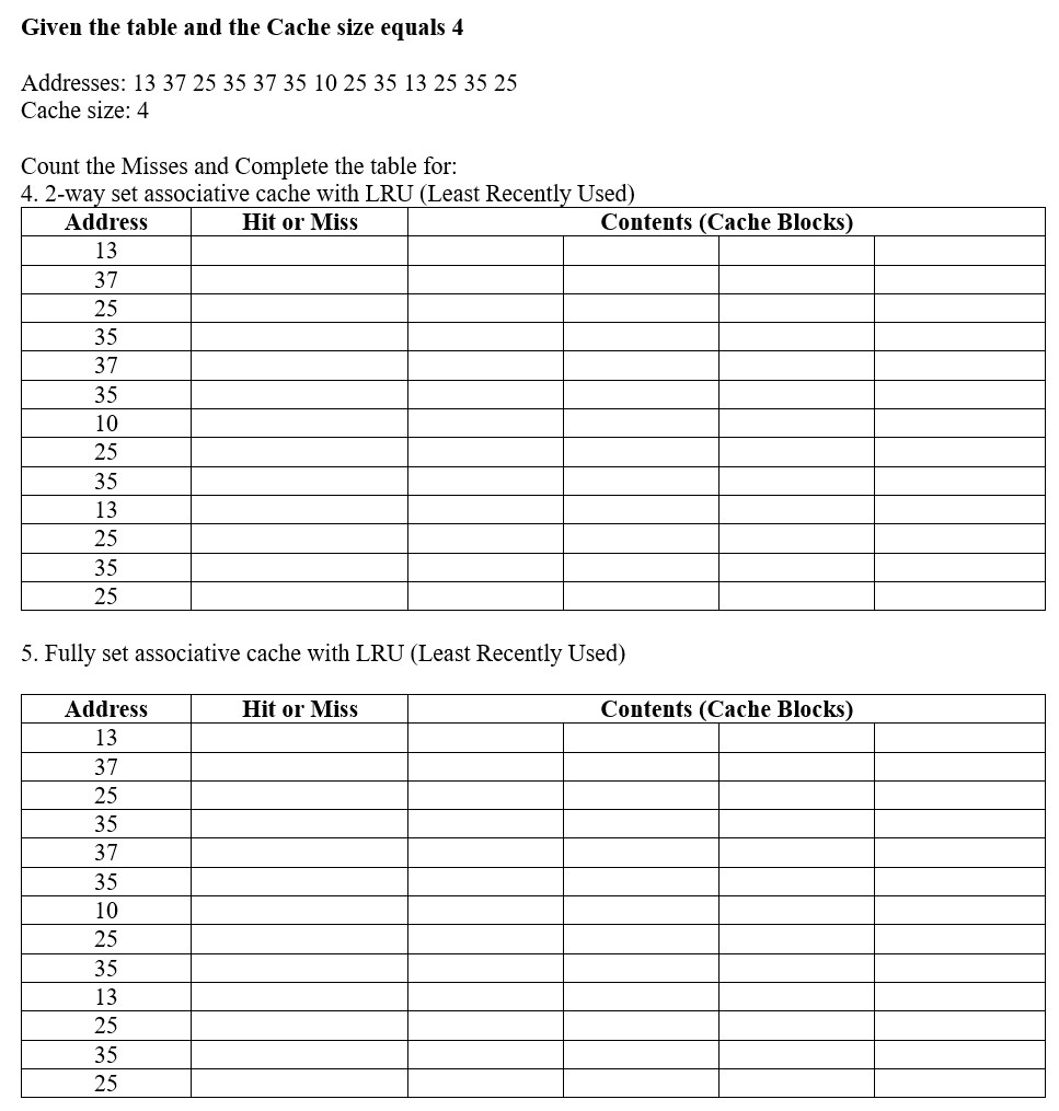 Solved Given the table and the Cache size equals 4 | Chegg.com